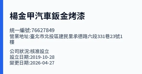 楊金甲汽車鈑金烤漆的照片-統編 76627849(臺北市) 公司登記資料與營業項目詳細圖表