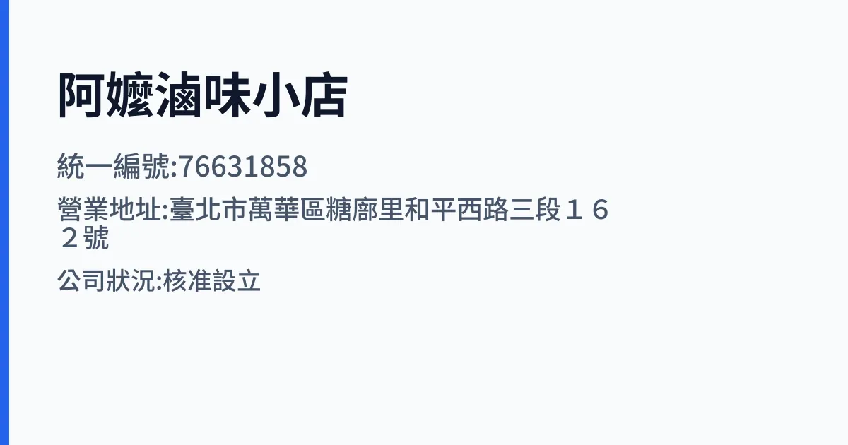 阿嬤滷味小店 - 統編 76631858(臺北市) 公司登記資料與營業項目詳細圖表