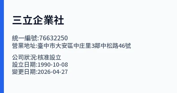 三立企業社的照片-統編 76632250(臺中市) 公司登記資料與營業項目詳細圖表
