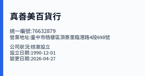 真善美百貨行的照片-統編 76632879(臺中市) 公司登記資料與營業項目詳細圖表