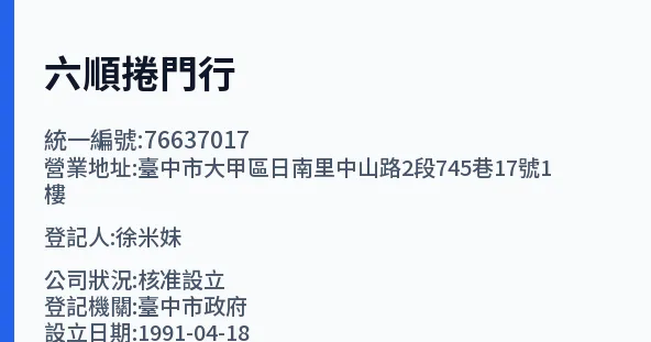 六順捲門行的照片-統編 76637017(臺中市) 公司登記資料與營業項目詳細圖表