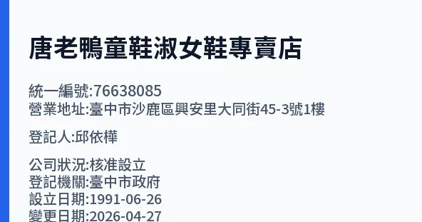 唐老鴨童鞋淑女鞋專賣店的照片-統編 76638085(臺中市) 公司登記資料與營業項目詳細圖表