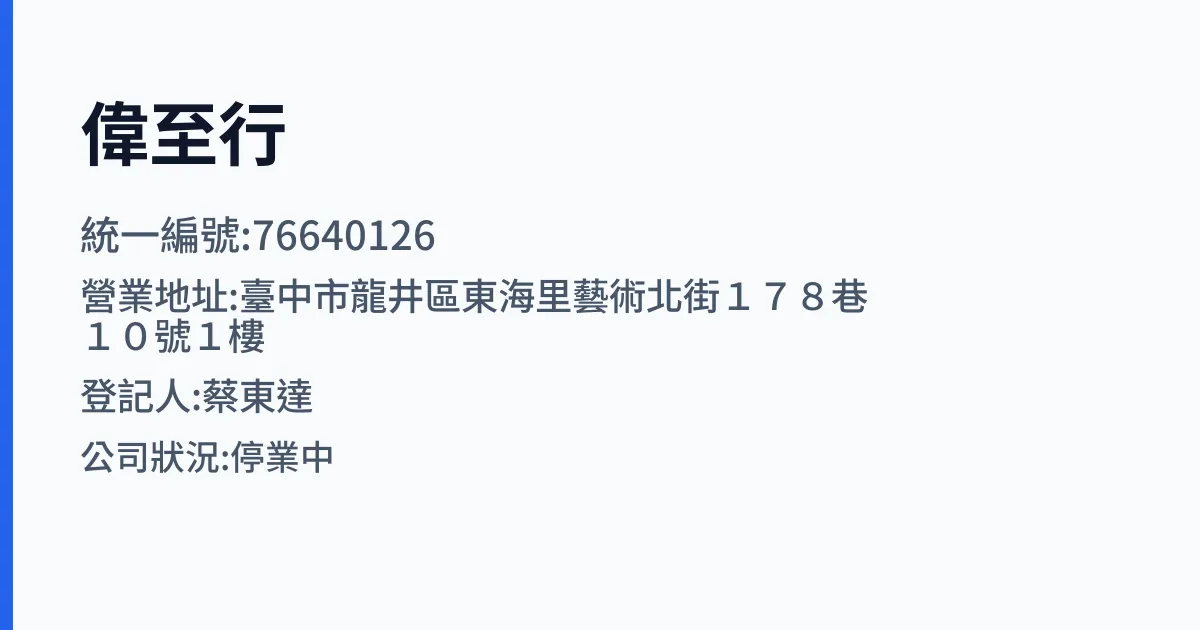 偉至行 - 統編 76640126(臺中市) 公司登記資料與營業項目詳細圖表