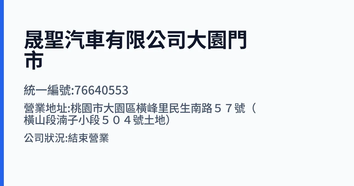晟聖汽車有限公司大園門市 - 統編 76640553(桃園市) 公司登記資料與營業項目詳細圖表