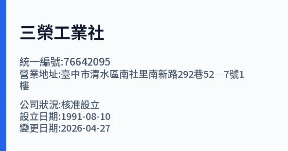 三榮工業社的照片-統編 76642095(臺中市) 公司登記資料與營業項目詳細圖表