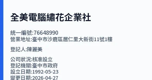 全美電腦繡花企業社的照片-統編 76648990(臺中市) 公司登記資料與營業項目詳細圖表