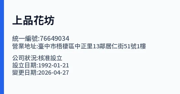 上品花坊的照片-統編 76649034(臺中市) 公司登記資料與營業項目詳細圖表