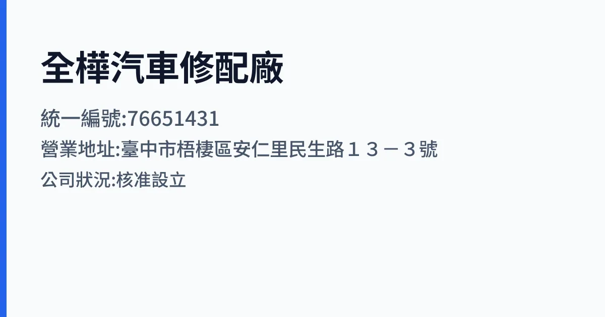全樺汽車修配廠 - 統編 76651431（臺中市） 公司登記資料與營業項目詳細圖表