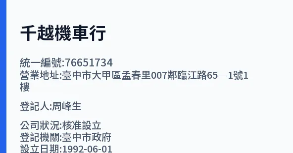 千越機車行的照片-統編 76651734(臺中市) 公司登記資料與營業項目詳細圖表