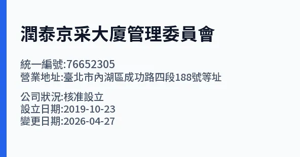潤泰京采大廈管理委員會的照片-統編 76652305(臺北市) 公司登記資料與營業項目詳細圖表