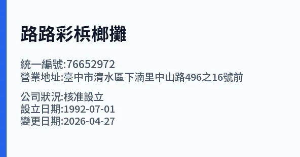 路路彩梹榔攤的照片-統編 76652972(臺中市) 公司登記資料與營業項目詳細圖表