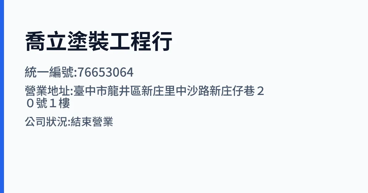 喬立塗裝工程行 - 統編 76653064(臺中市) 公司登記資料與營業項目詳細圖表