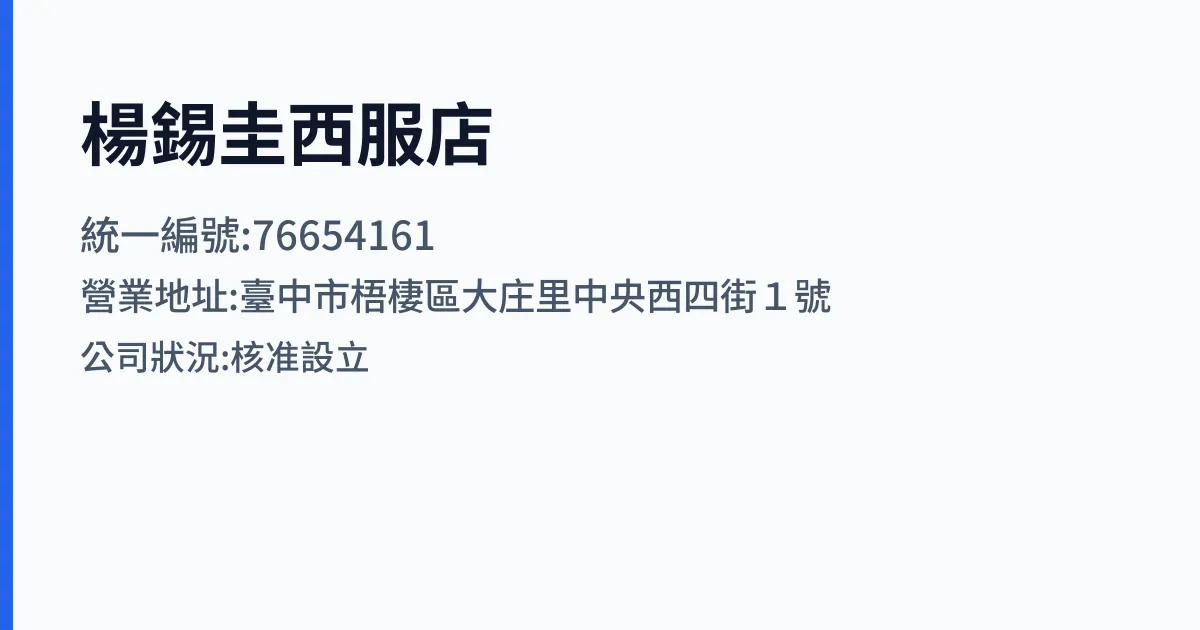 楊錫圭西服店 - 統編 76654161(臺中市) 公司登記資料與營業項目詳細圖表
