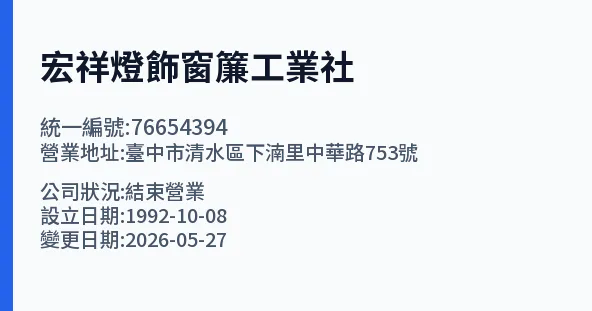 宏祥燈飾窗簾工業社的照片-統編 76654394(臺中市) 公司登記資料與營業項目詳細圖表
