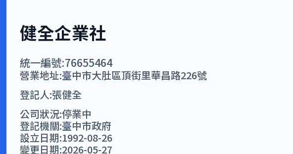 健全企業社的照片-統編 76655464(臺中市) 公司登記資料與營業項目詳細圖表