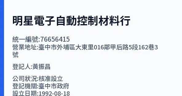 明星電子自動控制材料行的照片-統編 76656415(臺中市) 公司登記資料與營業項目詳細圖表