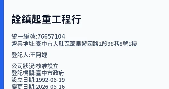 詮鎮起重工程行的照片-統編 76657104(臺中市) 公司登記資料與營業項目詳細圖表