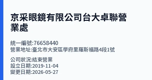 京采眼鏡有限公司台大卓聯營業處的照片-統編 76658440(臺北市) 公司登記資料與營業項目詳細圖表