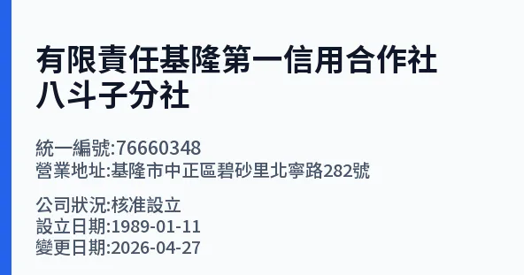 有限責任基隆第一信用合作社八斗子分社的照片-統編 76660348(基隆市) 公司登記資料與營業項目詳細圖表