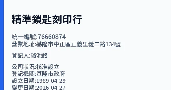 精準鎖匙刻印行的照片-統編 76660874(基隆市) 公司登記資料與營業項目詳細圖表