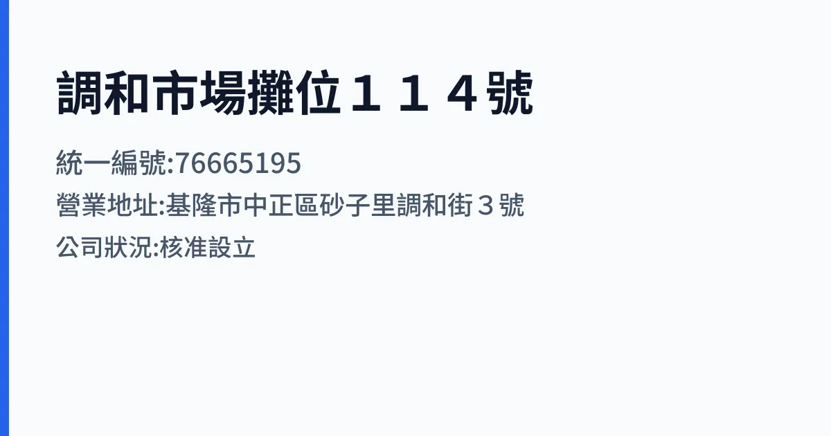 調和市場攤位１１４號 - 統編 76665195(基隆市) 公司登記資料與營業項目詳細圖表
