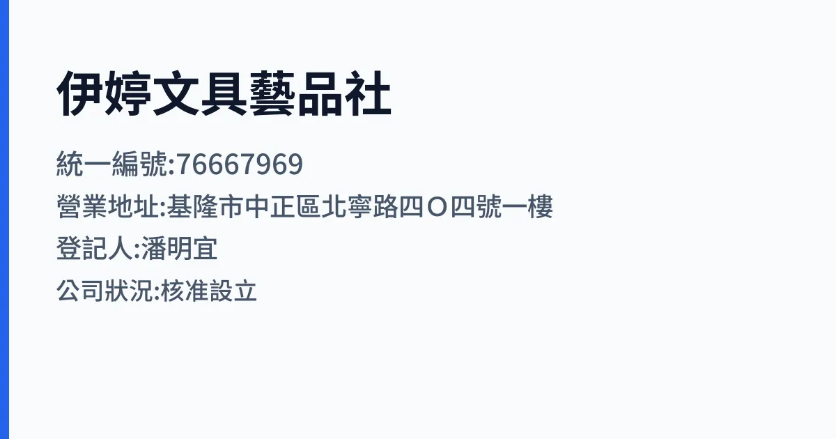 伊婷文具藝品社 - 統編 76667969（基隆市） 公司登記資料與營業項目詳細圖表
