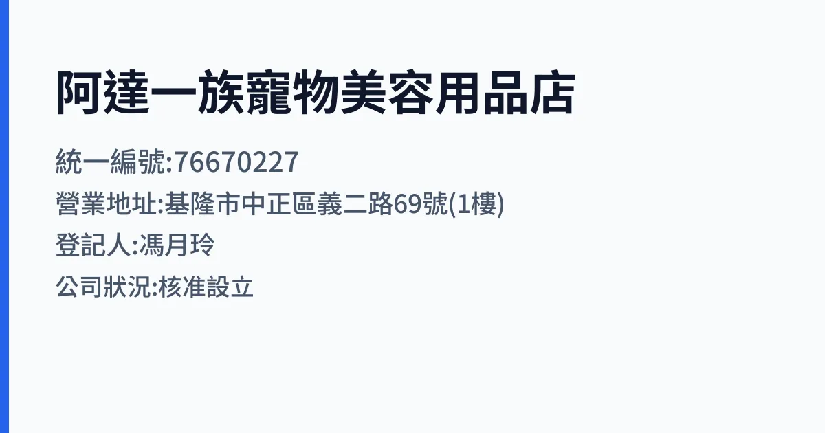 阿達一族寵物美容用品店 - 統編 76670227(基隆市) 公司登記資料與營業項目詳細圖表