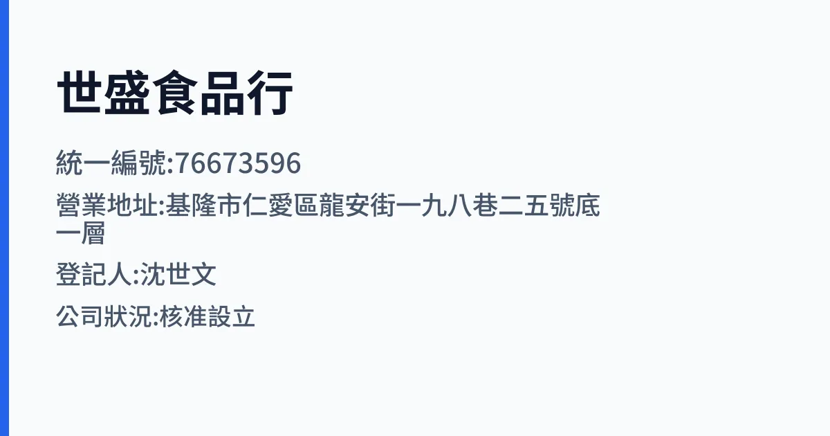 世盛食品行 - 統編 76673596 (基隆市) 公司登記資料與營業項目詳細圖表
