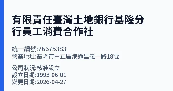 有限責任臺灣土地銀行基隆分行員工消費合作社的照片-統編 76675383(基隆市) 公司登記資料與營業項目詳細圖表