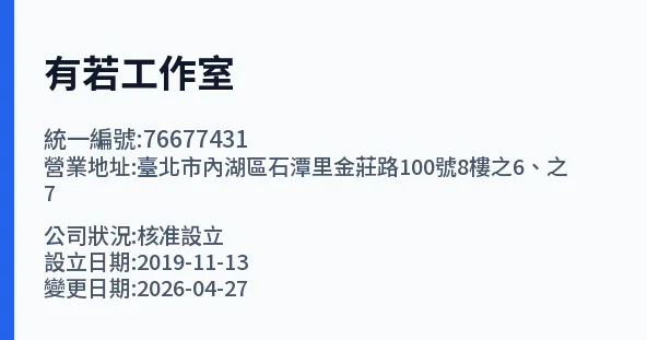 有若工作室的照片-統編 76677431(臺北市) 公司登記資料與營業項目詳細圖表