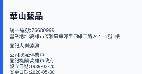 華山藝品的照片-統編 76680999(高雄市) 公司登記資料與營業項目詳細圖表