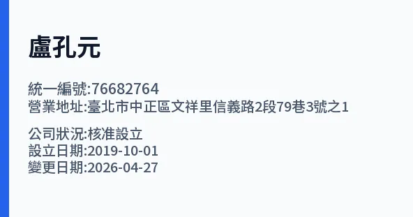盧孔元的照片-統編 76682764(臺北市) 公司登記資料與營業項目詳細圖表
