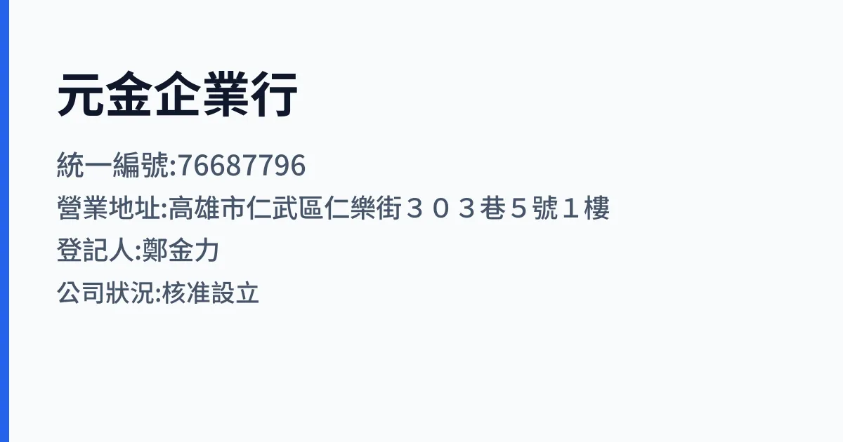 元金企業行 - 統編 76687796(高雄市) 公司登記資料與營業項目詳細圖表