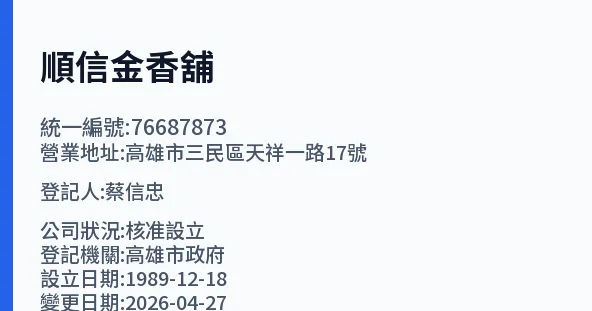順信金香舖的照片-統編 76687873(高雄市) 公司登記資料與營業項目詳細圖表