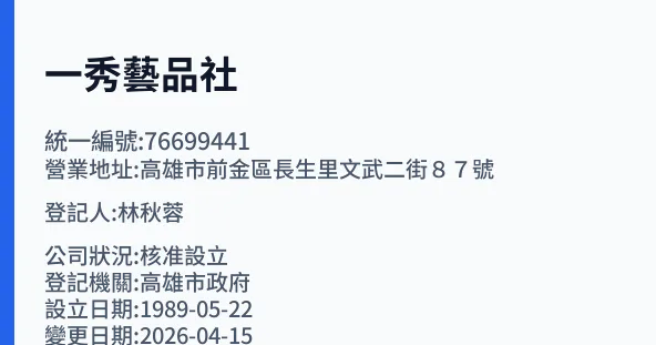 一秀藝品社的照片-統編 76699441(高雄市) 公司登記資料與營業項目詳細圖表
