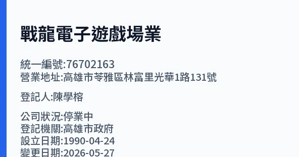 戰龍電子遊戲場業的照片-統編 76702163(高雄市) 公司登記資料與營業項目詳細圖表