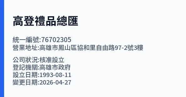 高登禮品總匯的照片-統編 76702305(高雄市) 公司登記資料與營業項目詳細圖表