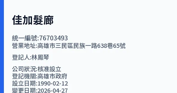 佳加髮廊的照片-統編 76703493(高雄市) 公司登記資料與營業項目詳細圖表