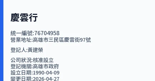慶雲行的照片-統編 76704958(高雄市) 公司登記資料與營業項目詳細圖表
