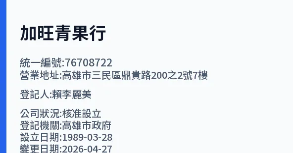 加旺青果行的照片-統編 76708722(高雄市) 公司登記資料與營業項目詳細圖表