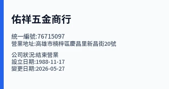 佑祥五金商行的照片-統編 76715097(高雄市) 公司登記資料與營業項目詳細圖表