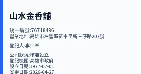 山水金香舖的照片-統編 76718496(高雄市) 公司登記資料與營業項目詳細圖表