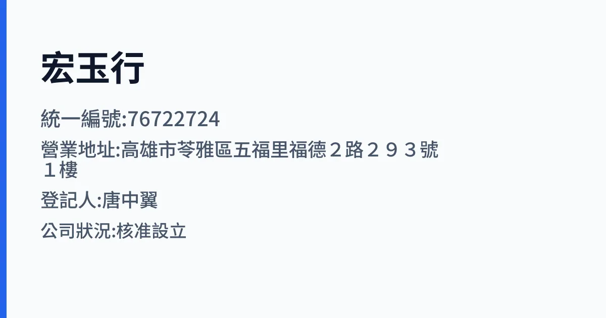 宏玉行 - 統編 76722724(高雄市) 公司登記資料與營業項目詳細圖表