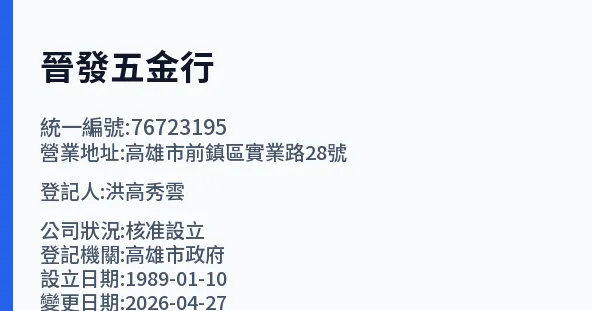 晉發五金行的照片-統編 76723195(高雄市) 公司登記資料與營業項目詳細圖表