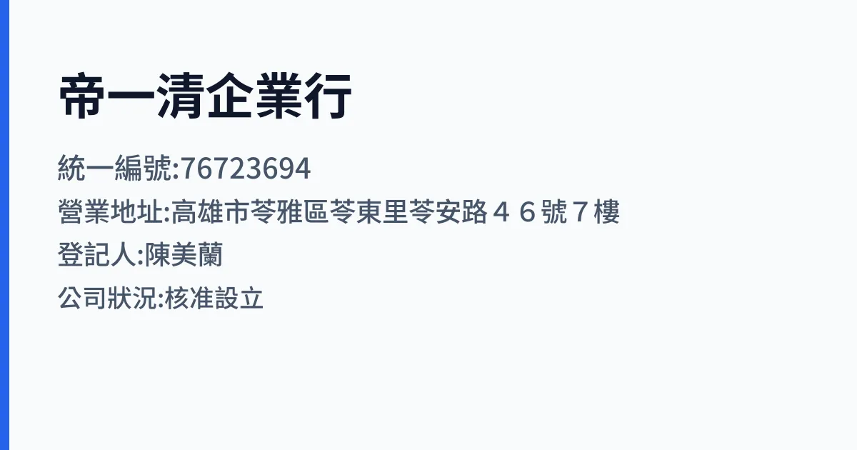 帝一清企業行 - 統編 76723694(高雄市) 公司登記資料與營業項目詳細圖表