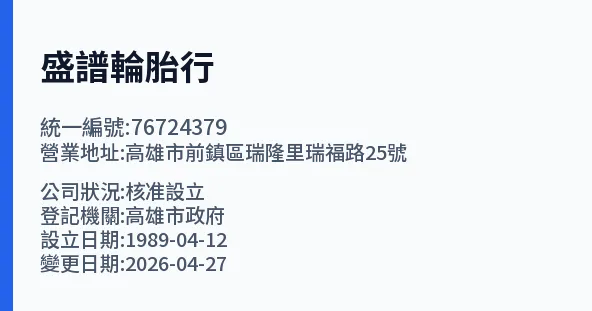 盛譜輪胎行的照片-統編 76724379(高雄市) 公司登記資料與營業項目詳細圖表