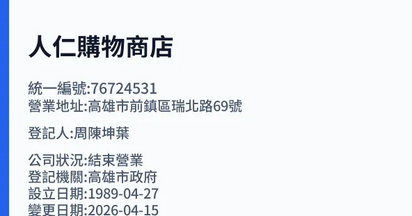 人仁購物商店的照片-統編 76724531(高雄市) 公司登記資料與營業項目詳細圖表