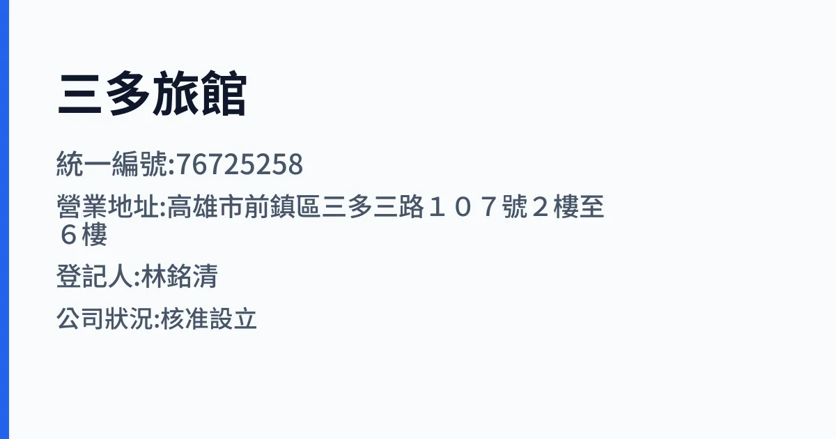 三多旅館 - 統編 76725258(高雄市) 公司登記資料與營業項目詳細圖表