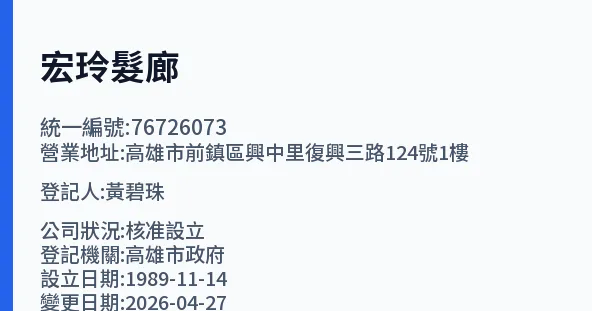 宏玲髮廊的照片-統編 76726073(高雄市) 公司登記資料與營業項目詳細圖表