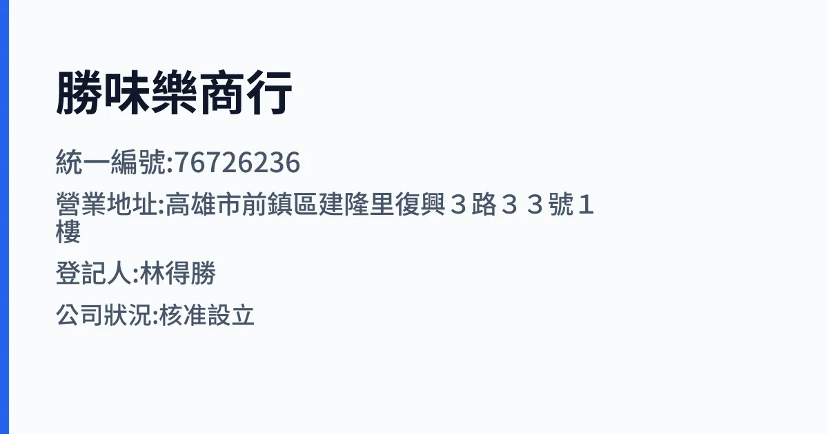 勝味樂商行 - 統編 76726236(高雄市) 公司登記資料與營業項目詳細圖表